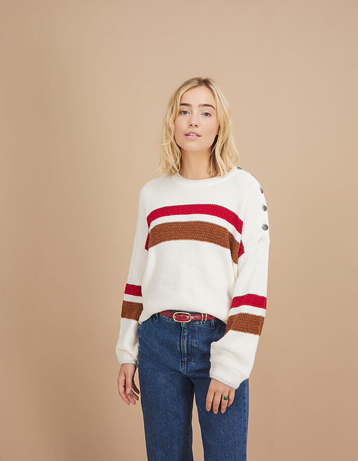 Pull blanc cassé tricot à rayures rouge et caramel I.Code