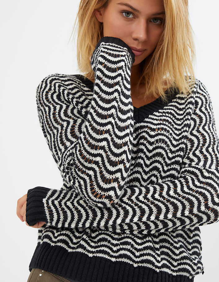 I.Code black and white stripe and openwork knit sweater