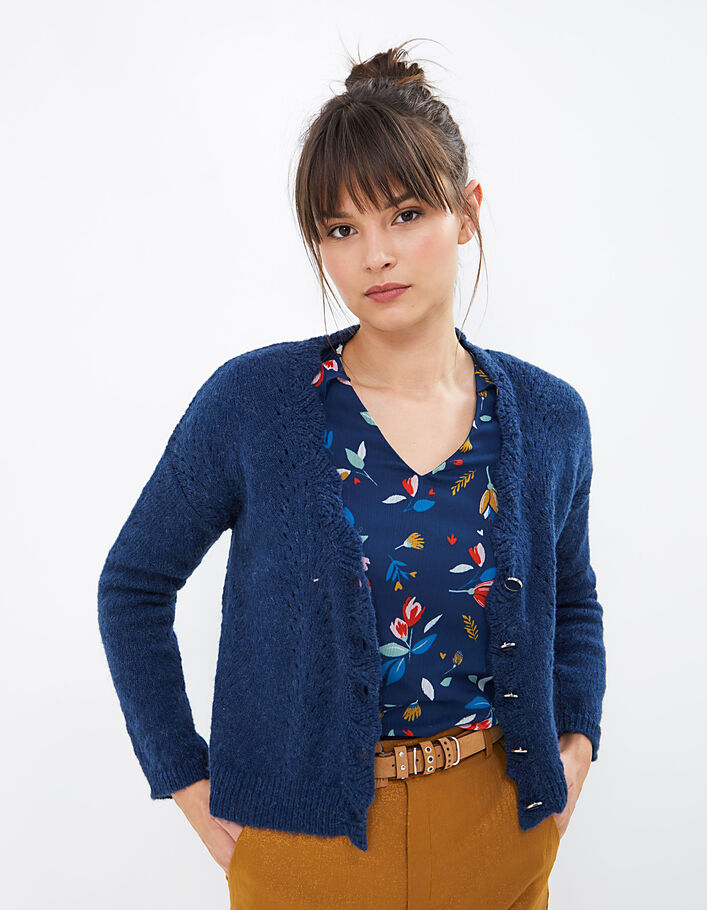 Cardigan indigo en tricot ajouré I.Code