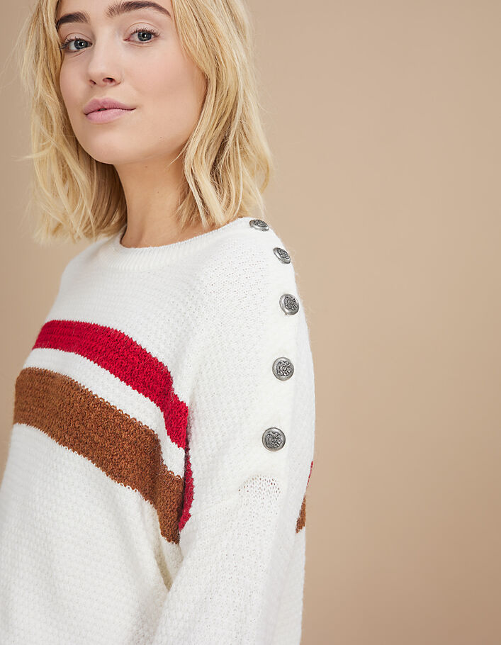 Pull blanc cassé tricot à rayures rouge et caramel I.Code