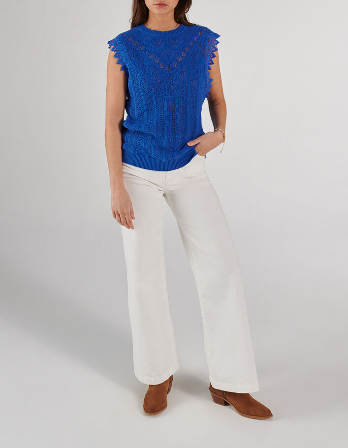 Pull cobalt sans manches tricot à volants I.Code